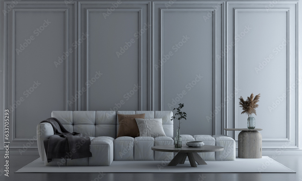 Modern cozy living room and white classic pattern wall texture ...