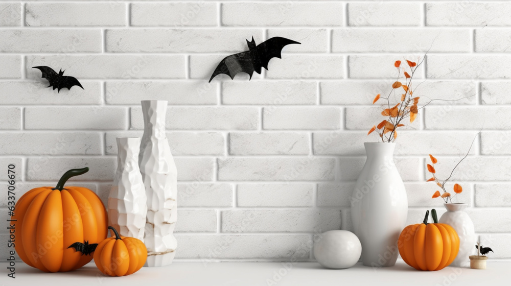 Citrouilles, chauve-souris, vase et décoration devant un mur en brique ...