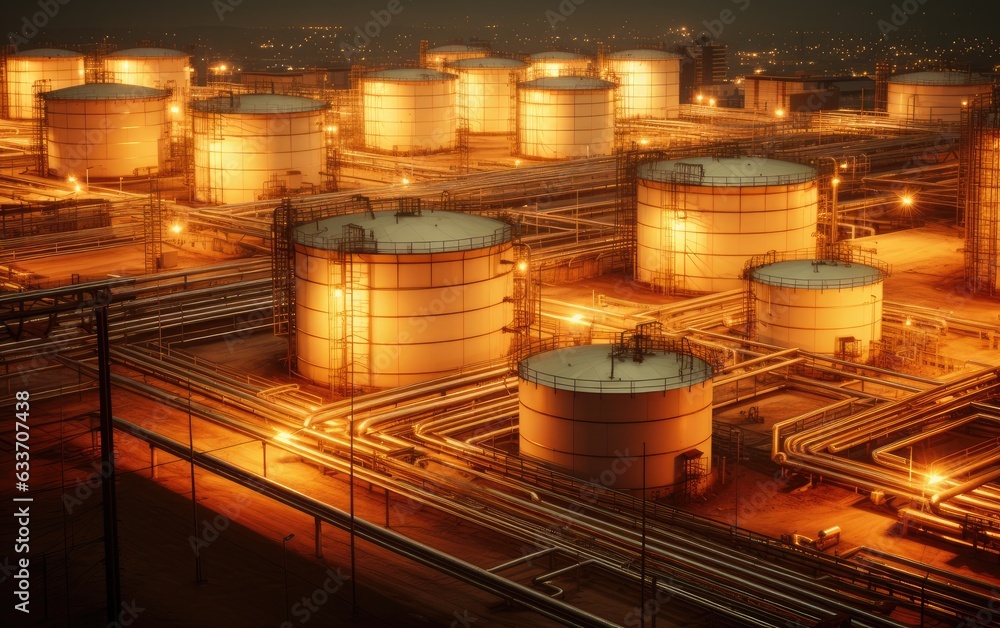 Aerial top view storage tank farm at night, Tank farm storage chemical petroleum petrochemical ...