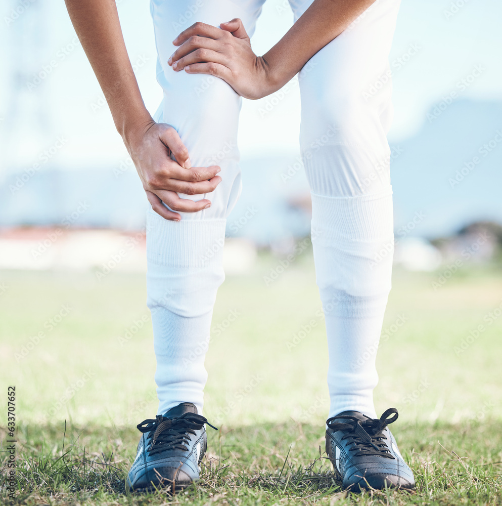 Knee pain, fitness and sports person with legs injury from baseball ...