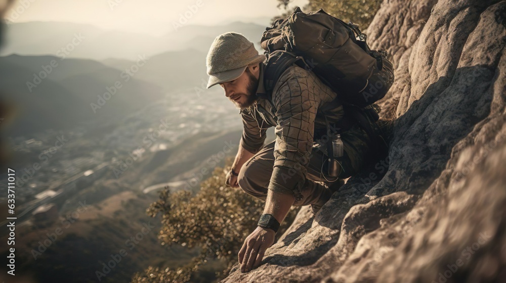 Professional climber mountaineer alpinist man with backpack climbing ...