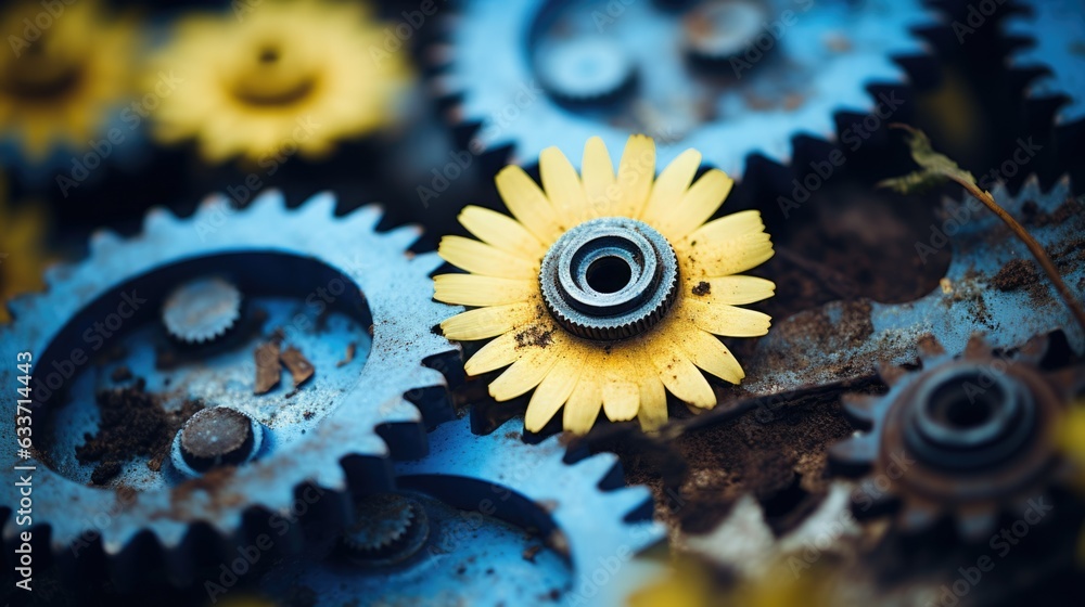 Garden sculptures of corroded blue and yellow metal flowers made from ...