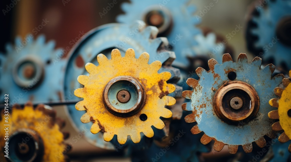 Garden sculptures of corroded blue and yellow metal flowers made from ...