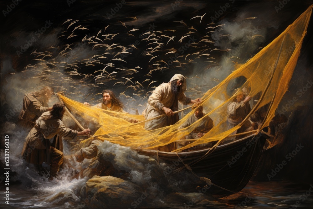 Guided Prosperity: Fish-Laden Net Pulled into Boat, Symbolic of Jesus ...