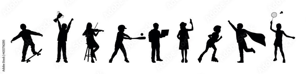 Children various activities hobbies and sports in row vector silhouette ...