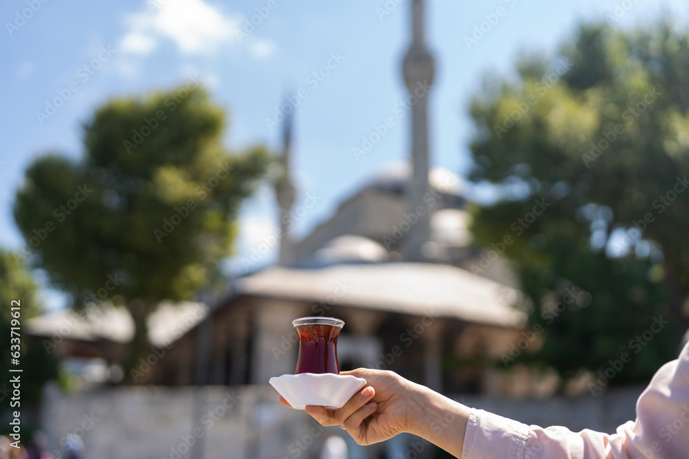 Turkish Tea (Türk Cayi) and Turkish Bagel(Turk Simit) in front of the ...