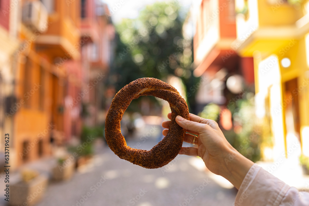 Turkish Tea (Türk Cayi) and Turkish Bagel(Turk Simit) in front of the ...