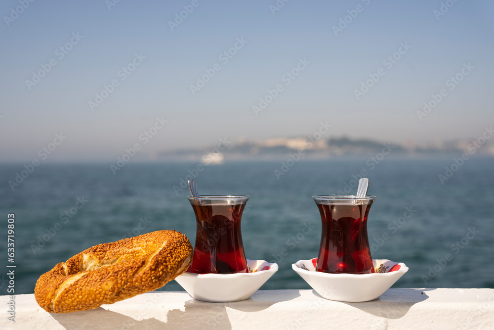 Turkish Tea (Türk Cayi) and Turkish Bagel (Turk Simit) in front of the ...