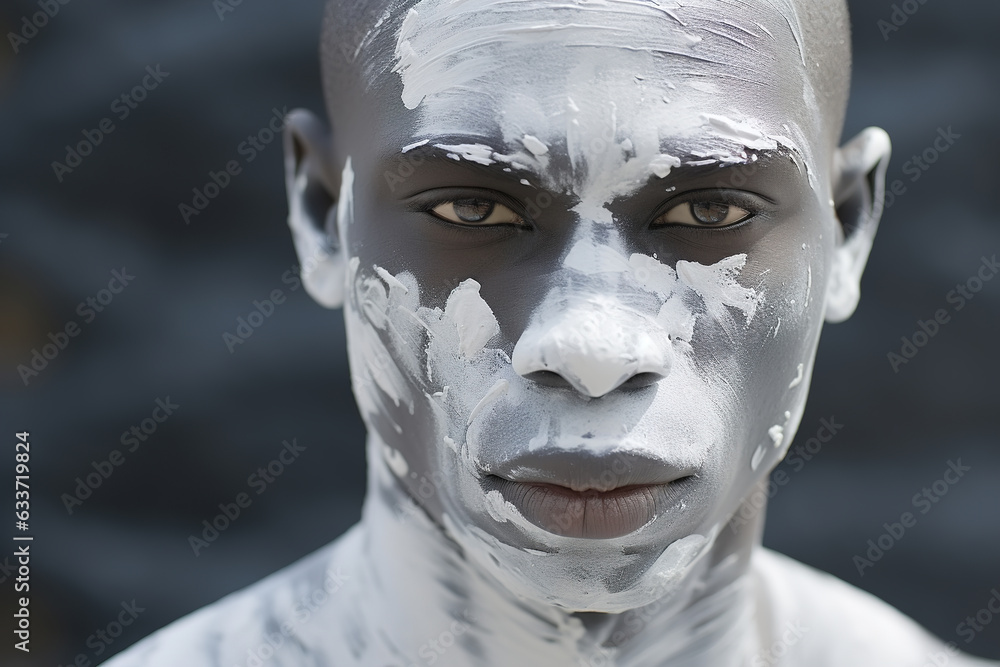 Identity, vitiligo, racism concept. Portrait of a serious African ...