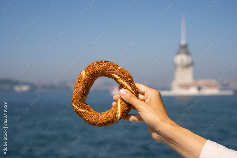 Turkish Tea (Türk Cayi) and Turkish Bagel (Turk Simit) in front of the ...
