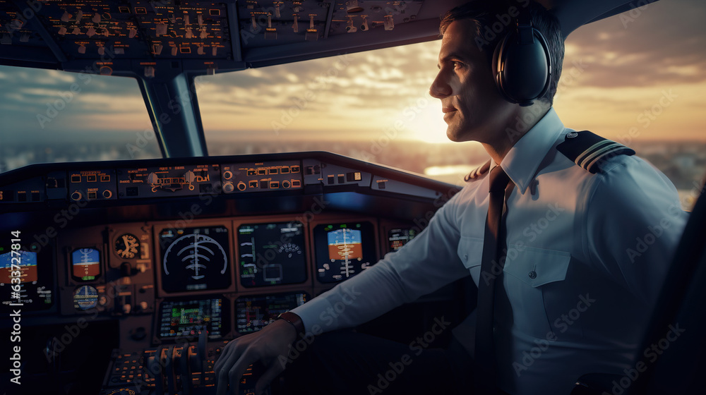 Foto de Pilot in Commercial Airline Cockpit Overlooking the City While ...