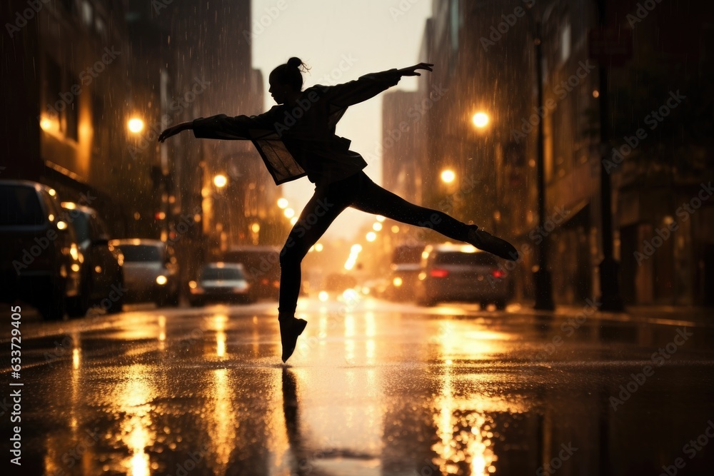 Rhythmic Rain Dance: Dancer's Silhouette Soaring Across Puddle-Strewn ...