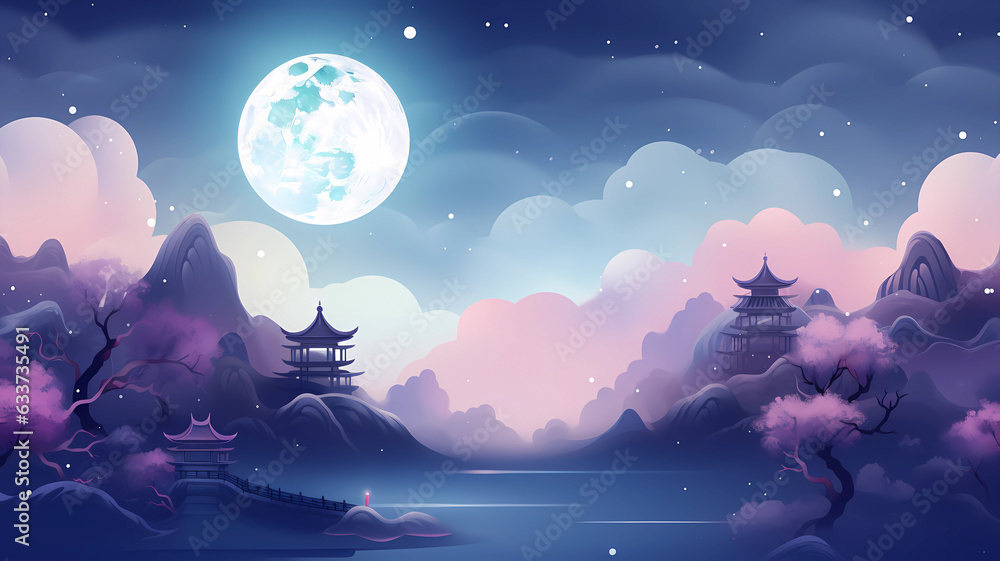 hand drawn cartoon mid autumn festival moon landscape illustration ...