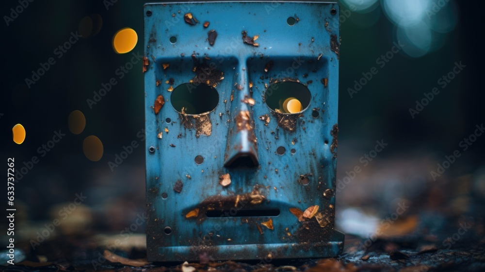 Abstract sculpture of an odd looking face made out of rusty corroded ...
