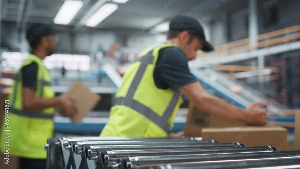 Vidéo Stock Caucasian Male Loader Putting Boxes On Automated Conveyor ...