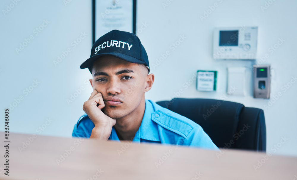 Portrait, surveillance and a bored man security guard sitting at a desk ...