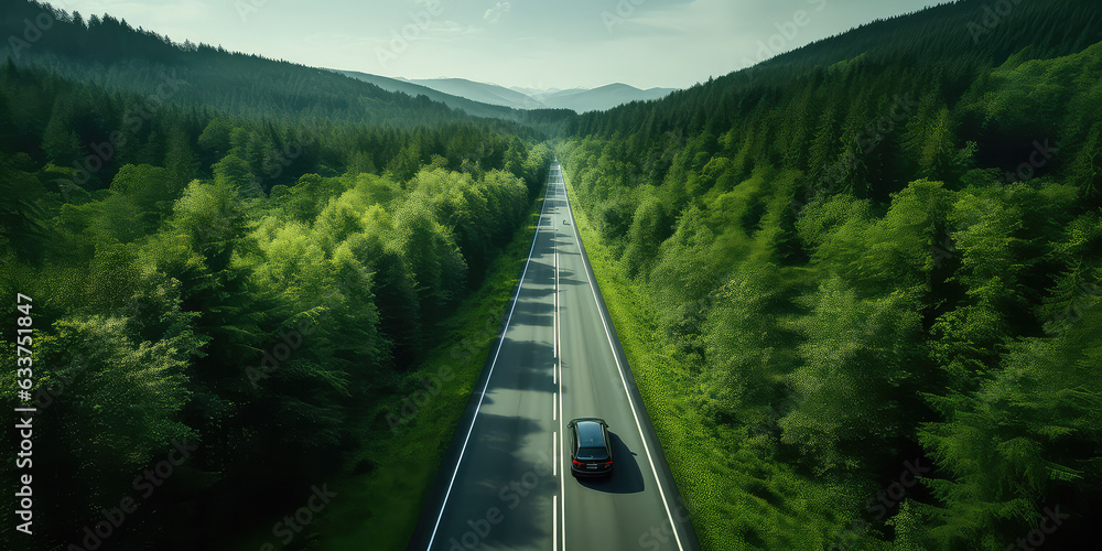 Bird eye top view of single car driving on long highway road from green ...