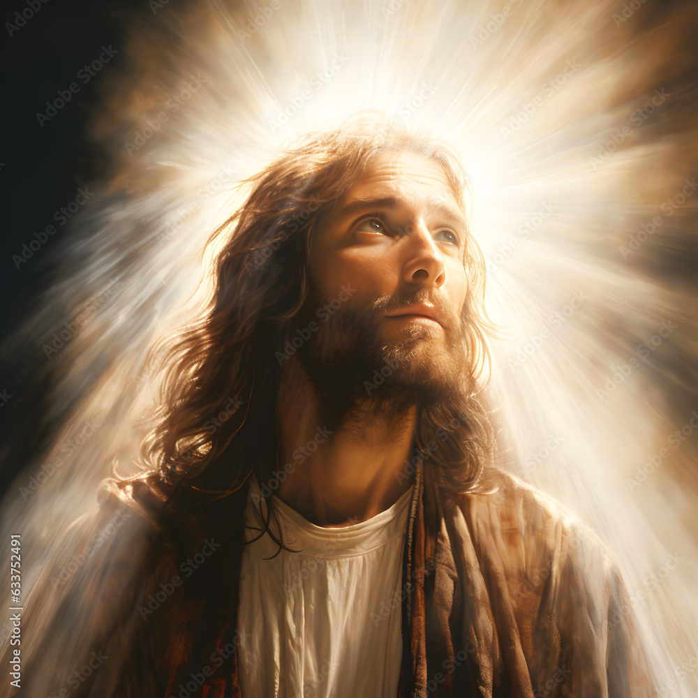 Jesus Christ looking up to his Father in heaven before ascending Stock ...