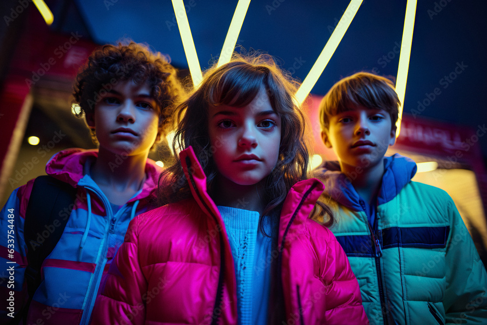 Urban, fashionable, modern children in neon vivid colors autumn jackets ...