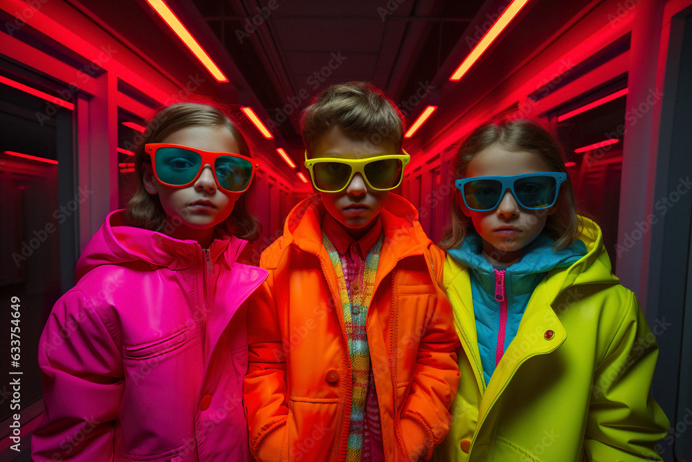 Urban, fashionable, modern children in neon vivid colors autumn jackets ...