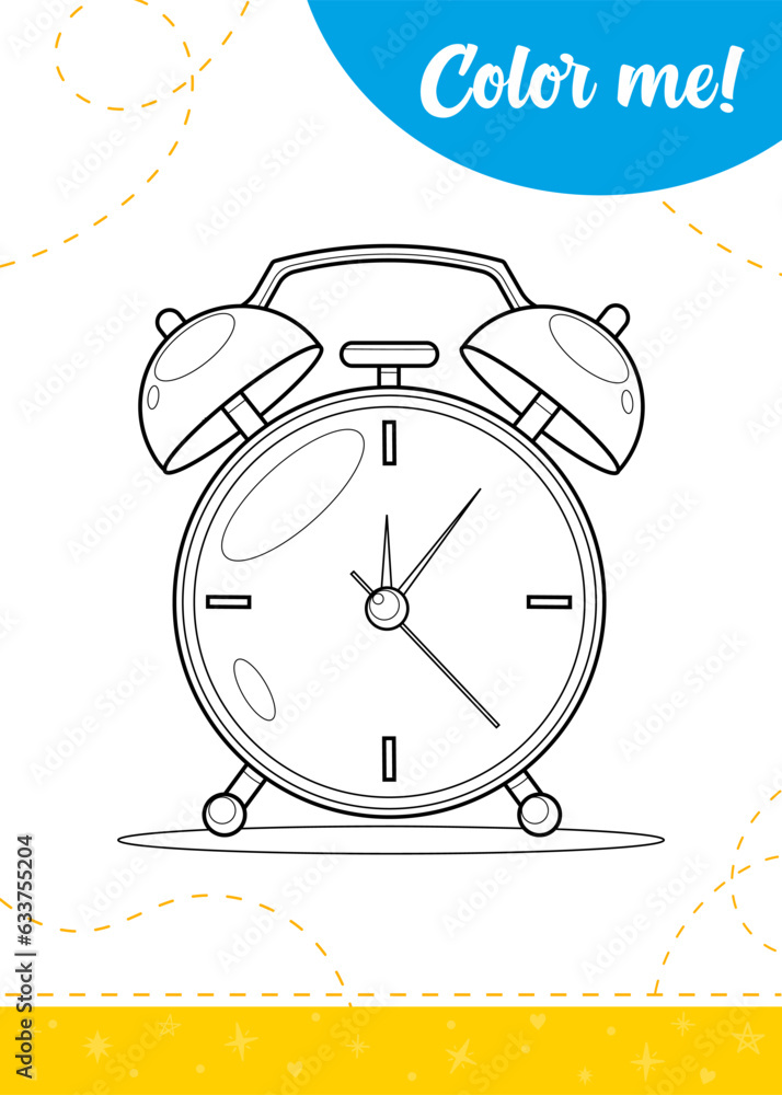Coloring page for kids with alarm clock. A printable worksheet, vector ...