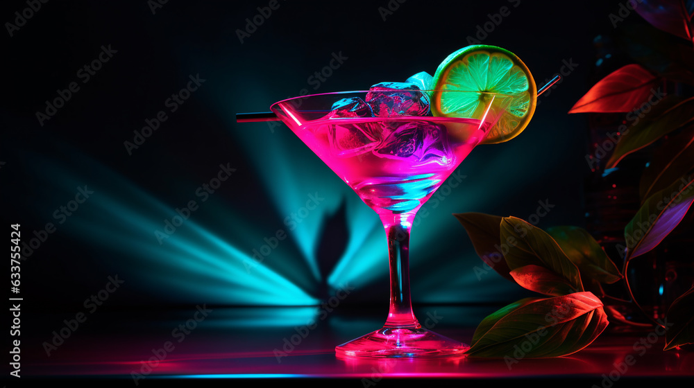 Colorful cocktails in a glass on the bar counter, neon lights on dark ...