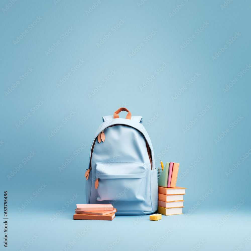 Pastel blue school creative concept, backpack for books and school ...