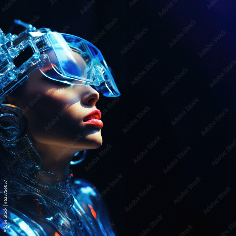 A cyber girl in a robot suit on the streets of a futuristic city ...
