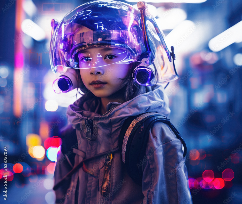 A cyber kid, young girl in a robot suit on the streets of a futuristic ...