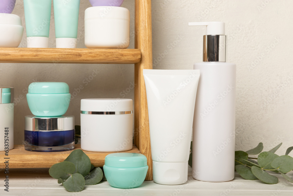 Care cosmetics on the shelf in the bathroom. Cosmetic tube. Cleanser ...
