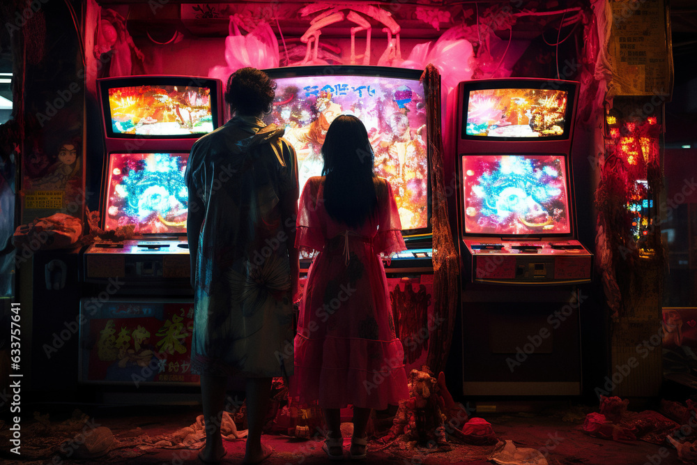 Futuristic cyberpunk arcade with machines where are young people ...