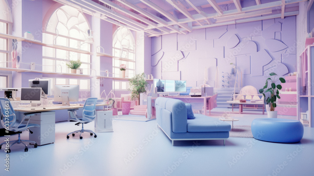 Soft pastel office, open space workplace concept in a large corporation ...