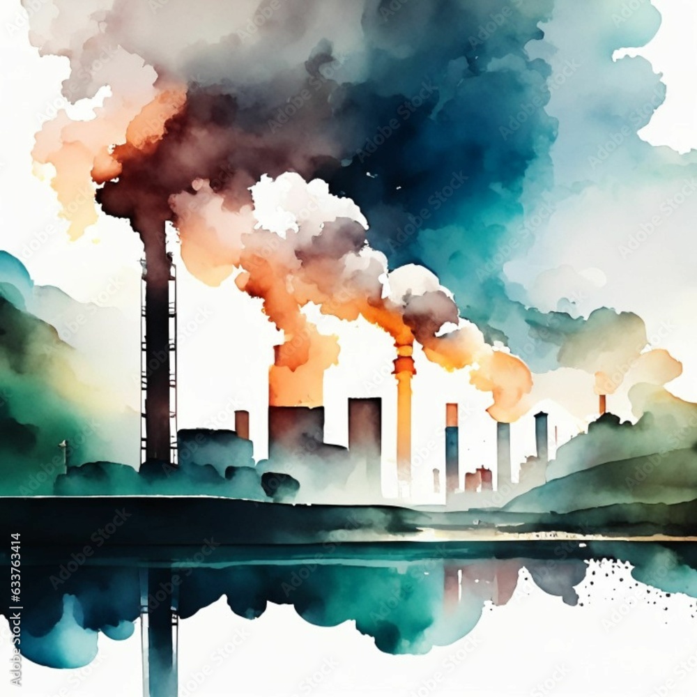 Watercolor painting air pollution caused by industrial plants Stock ...