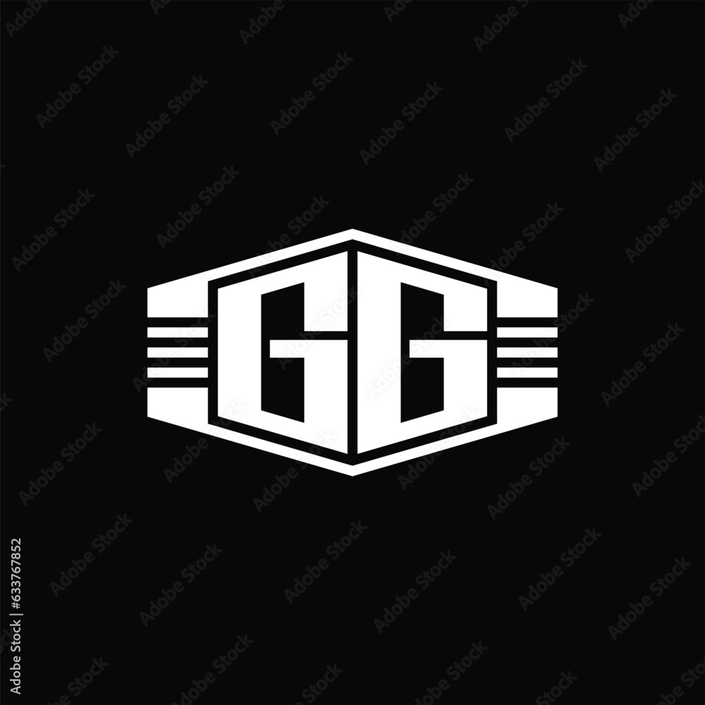 GG Letter Logo monogram hexagon emblem shape with stripes outline style ...