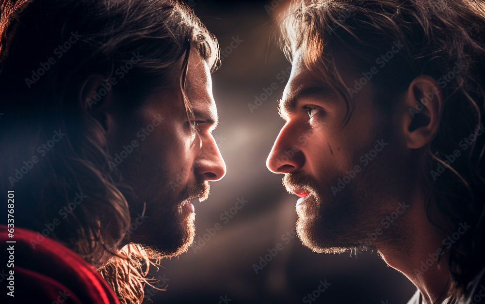 Jesus and Judas in profile facing each other confront each other ...