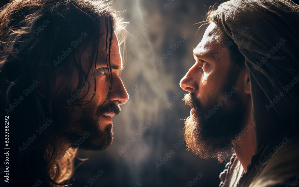 Jesus and Judas in profile facing each other confront each other Stock ...