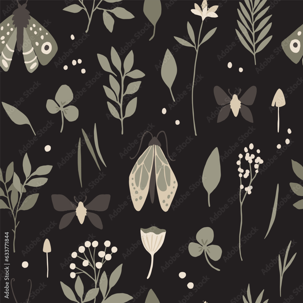 Modern witch aesthetic botanical seamless pattern. Mystery green witch ...