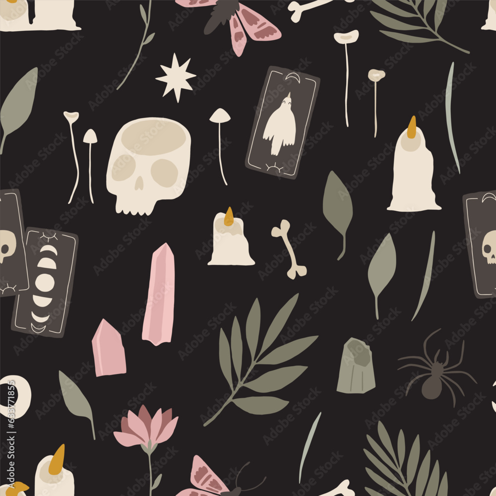 Modern witch aesthetic seamless pattern. Mystery green witch woman ...