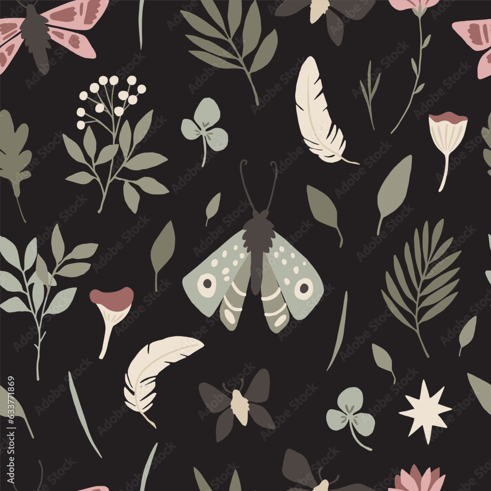 Modern witch aesthetic botanical seamless pattern. Mystery green witch ...