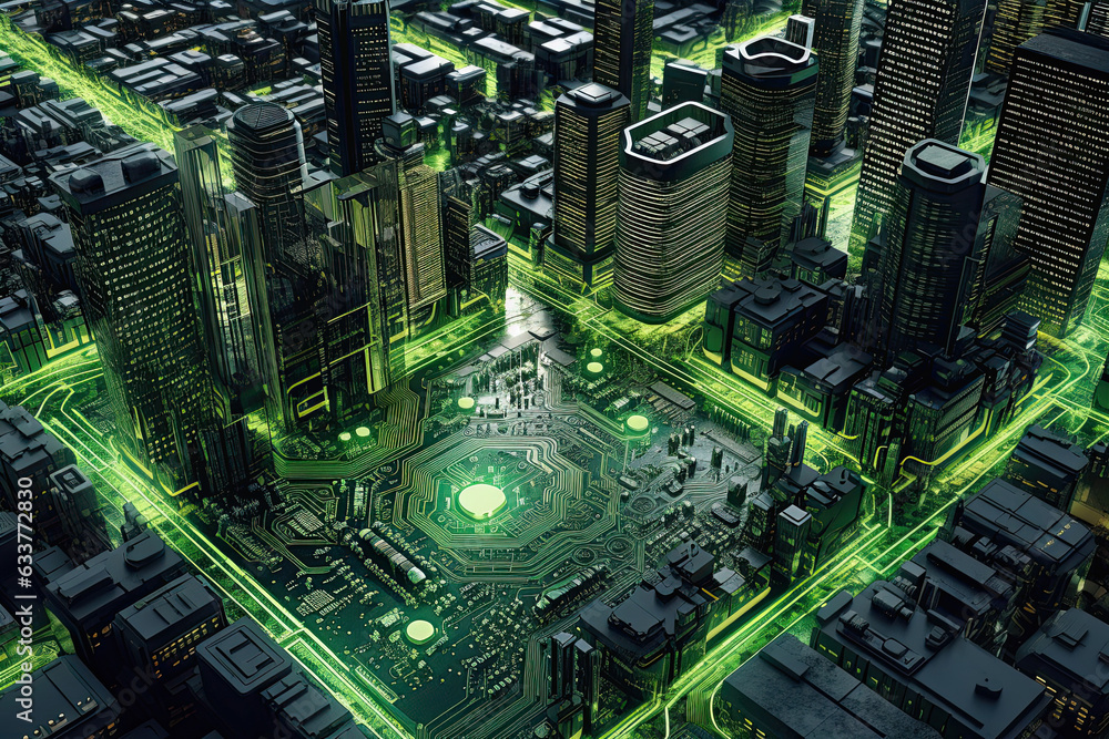 Smart green city on circuit board background. Futuristic cyberspace ...