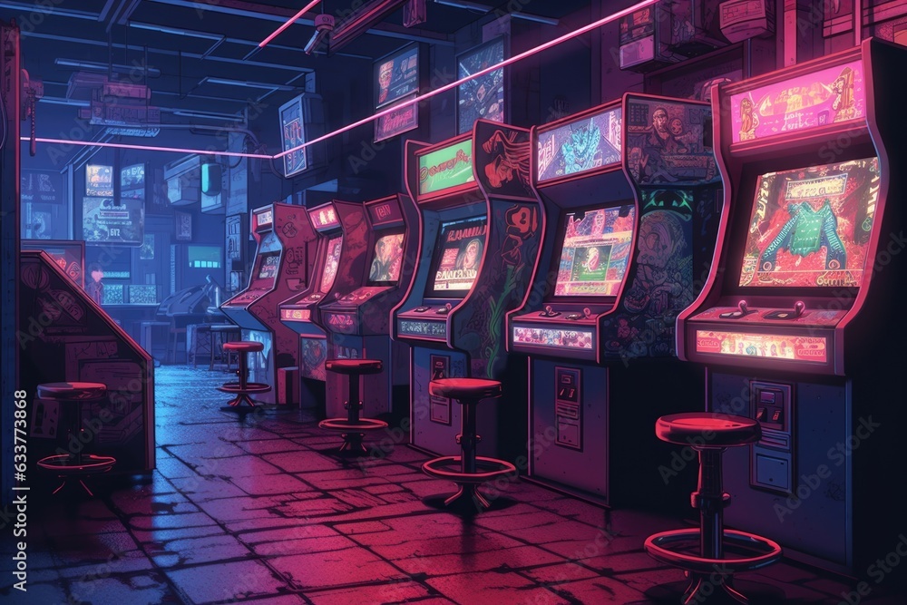 A deserted arcade, neon lights flickering and casting an eerie glow on ...