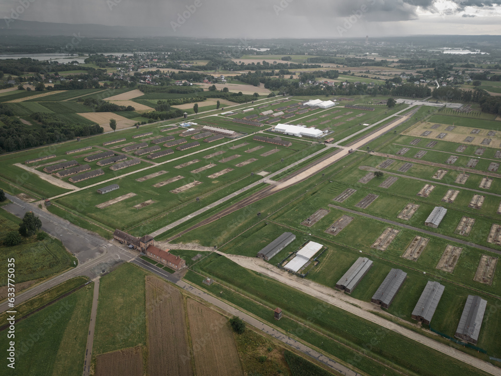 Poland, Auschwitz July 29, 2023. Aerial view of Auschwitz 2 Birkenau ...