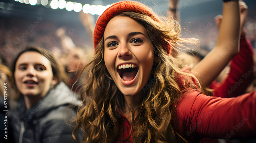Soccer fan taking a selfie and celebrating her team's victory. Crowd of ...