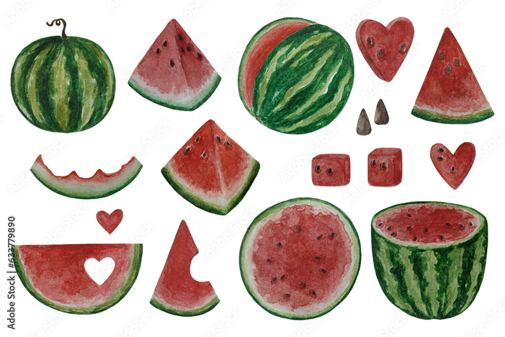 Watercolor watermelon clipart set, summer ripe fruit. Isolated elements ...