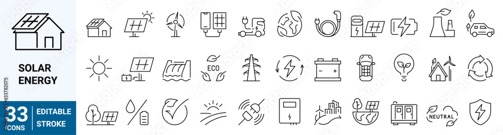 Set of 36 line icons of solar energy. hydroelectric power plant, solar ...