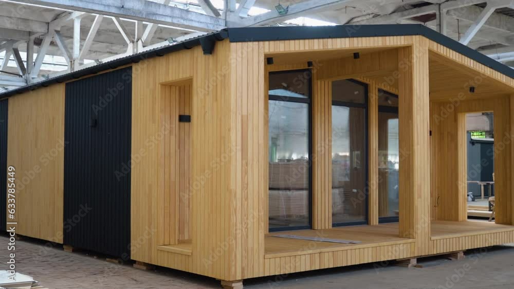A new wooden modular prefabricated house inside in manufacturing ...