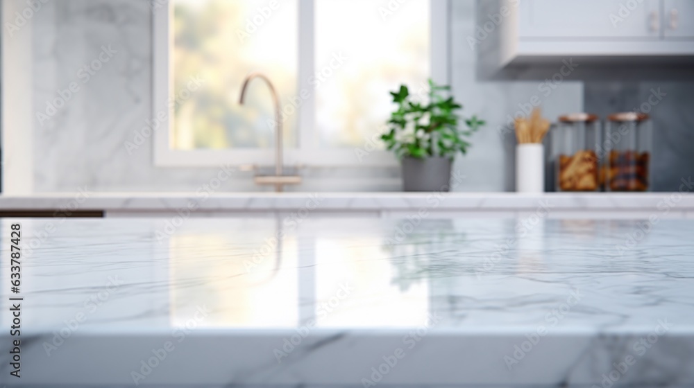 Marble stone table top (kitchen island) on blur kitchen interior ...