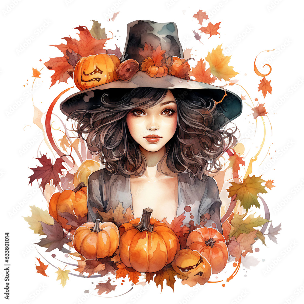 halloween autumn harvest witch with pumpkin, watercolor clipart ...