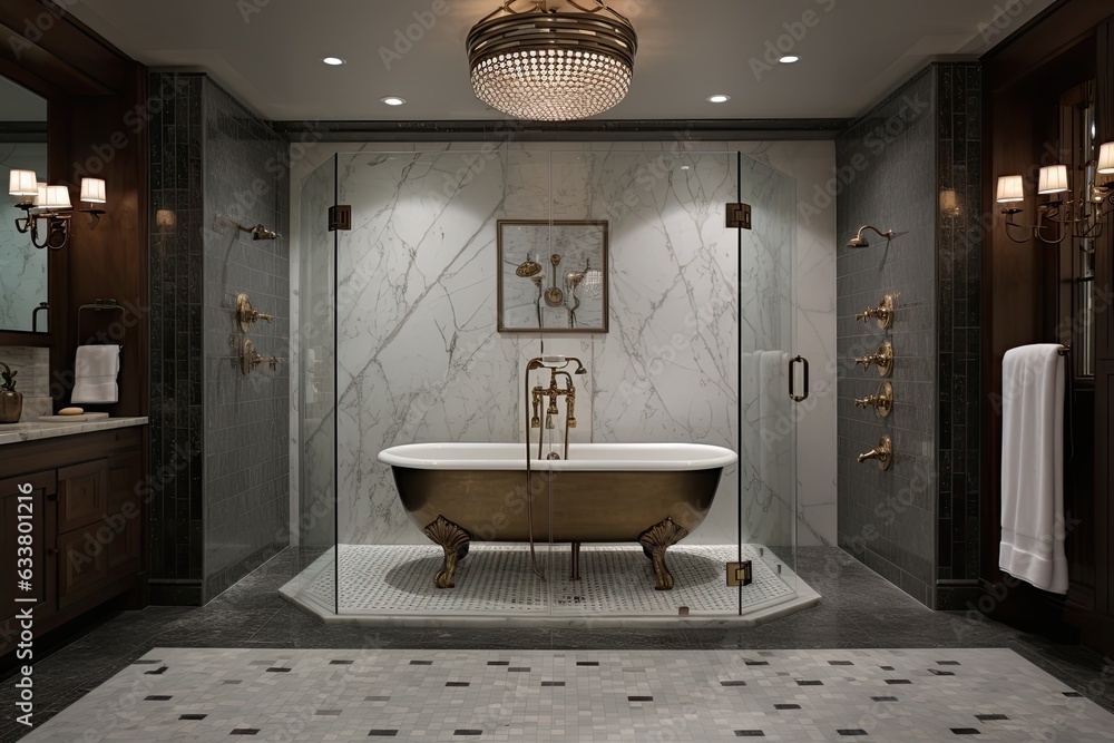 Description of a spacious white marble and mosaic shower with a dark ...