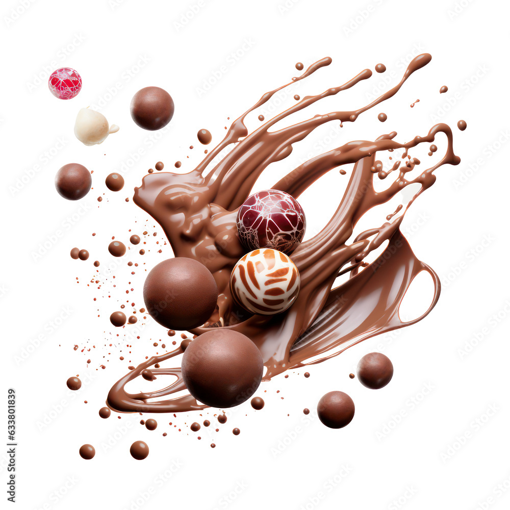 liquid chocolate and bonbons burst explosion splash in the air ...